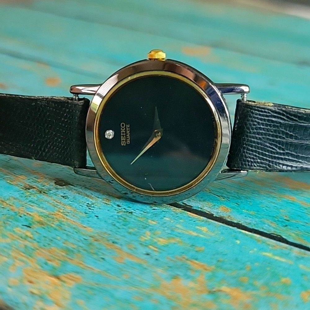 Seiko Quartz Crystal Black & Gold Tone Slim Band Wome… - Gem